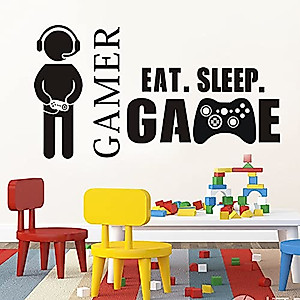 Gamer with Controller Wall Decal, Eat Sleep Game Boy Decal Wall Sticker, Vinyl Art Design Sticker Wall for Home, Playroom Bedroom Decoration Wallpaper (2)