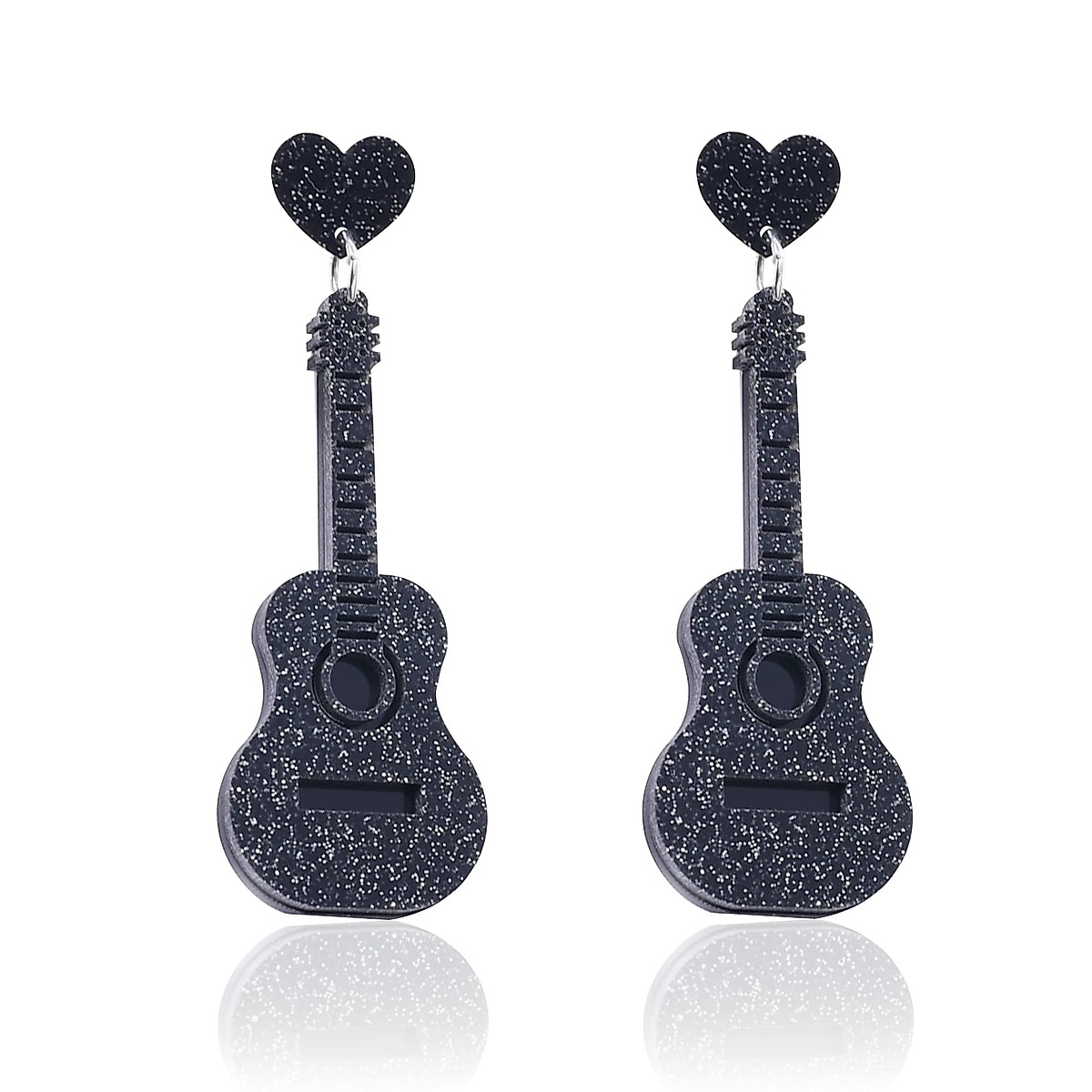 Acrylic Cute Music Bass Electric Guitar Earrings Charms Instrument Drop Dangle Jewelry Gifts for Women (Heart Shape- Black)
