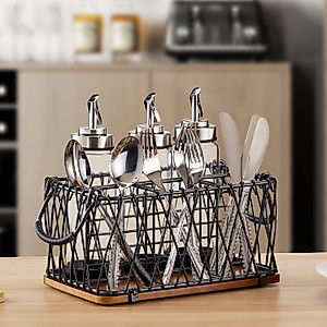 Giftburg Utensil and Flatware Caddy with Handles & Wood Base; Storage Basket Organizer; Plate, Silverware, Napkin Holder, Condiment Organizer