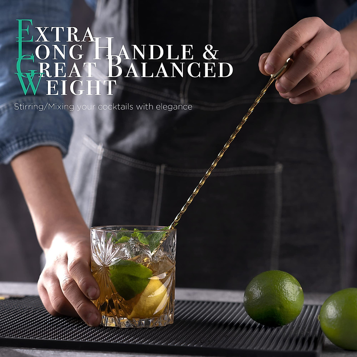 Homestia 2 in 1 Drink Stirrer Stainless Steel Long Spoon, Golden Cocktail Spoon Long Handle Muddler Spoon, 12" Mixing Spoons Cocktail Stirrers for Drinks, with Droplet-Shaped Muddler for Cocktails