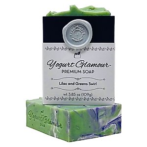 Yogurt Glamour-Lilac and Greens Swirl-Natural Handmade Yogurt Bar Soap- Creamy, Moisturizing and Soothing-Imagine Spring Aroma of Flowering Lilac Trees(4 oz).