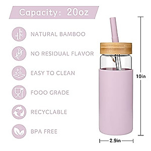 Tronco 20oz Glass Water Bottle with Bamboo Lid, Reusable Glass Water Tumbler with Straw and Silicone Sleeve, Glass Boba Cup,Leak Proof, BPA Free,Dishwasher Safe