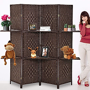 Room Divider Folding Portable Privacy Wooden Screen 4 Panel Partition Wall Indoor/Outdoor Folding Screen w/Dual-Sided Hinges & 2 Removable Display Shelves for Home Office, Brown