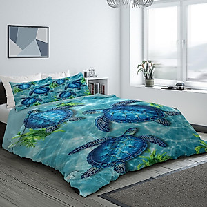 MILANKET Sea Turtle Duvet Cover Set, 100% Microfiber Blue Sea Turtle and Seaweed Pattern Bedding Set King Size, 3 Piece Ocean Turtle Themed Duvet Cover for Teens Boys and Girls