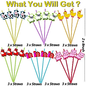 24pcs Reusable Farm Animals Party Favor Plastic Straws Kids Drink Cocktail Straws Chicken Sheep Horse Cow Pig Farm Birthday Party Supplies With 2 Cleaning Brushes 6 Colors