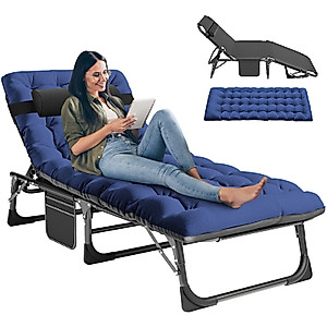 LILYPELLE Folding Lounge Chair with Mattress, 5 Position Adjustable Folding Cot Portable Outdoor Folding Chaise Lounge Chair for Outside, Sunbathing, Camping, Pool, Beach, Patio