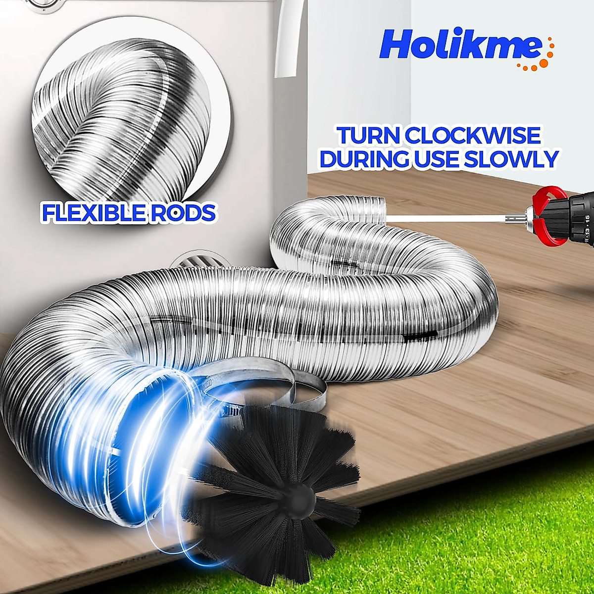 Holikme 30 Feet Dryer Vent Cleaner Kit, Flexible Lint Brush with Drill Attachment, Extends Up to 30 Feet for Easy Cleaning, Synthetic Brush Head, Use with or Without a Power Drill