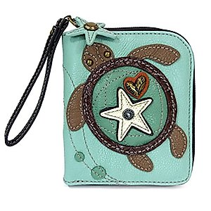 CHALA Zip Around Wallet, Wristlet, 8 Credit Card Slots, Sturdy Pu Leather -Turtle - Blue