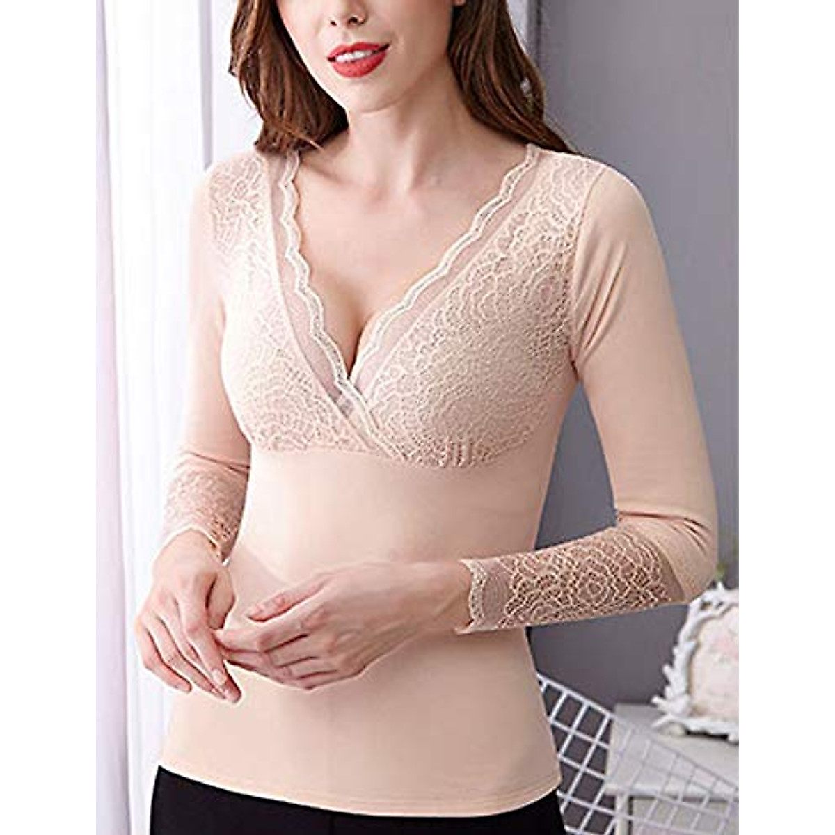 Flygo Womens Thermal Fleece Lined Cotton Underwear Lace Long Sleeve V-Neck Top (Large, 02 Nude)