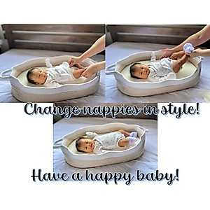Lovely Nursery Baby Changing Basket Moses Basket 100% Cotton Rope and 1.2€ Thick Foam Pad with Removable Cover Change in Style and Comfort Beige/White Set