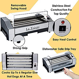 La Trevitt Hot Dog Roller- Sausage Grill Cooker Machine- 6 Hot Dog Capacity - Commercial and Household Hot Dog Machine for Family Use