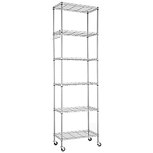 Himimi 6-Tier Wire Shelving Unit with Wheels, Height Adjustable, Heavy Duty Standing Storage Shelf with Hook for Bathroom Kitchen Garage Bedroom Silver Grey