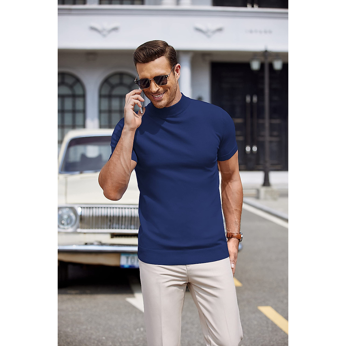 COOFANDY Mens Mock Turtleneck Short Sleeve Knit Sweater Business Casual Mock Neck Pullover Sweater Basic Tops Navy Blue
