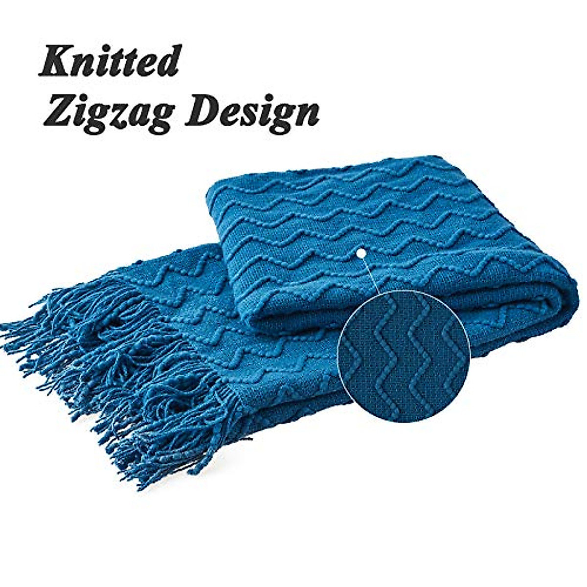 NexHome Throw Blanket for Bed Blue Decorative Knit Blanket with Tassel Fringe Soft Lightweight Zigzag Textured Boho Throws (50"x60" Royal Blue)