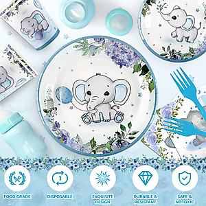 121Pcs Elephant Baby Shower Decorations Baby Shower Decorations Boy Includes Paper Plate, Napkins, Cups, Forks, Tablecloth, Elephant Theme Party Supplies for 24 Guests