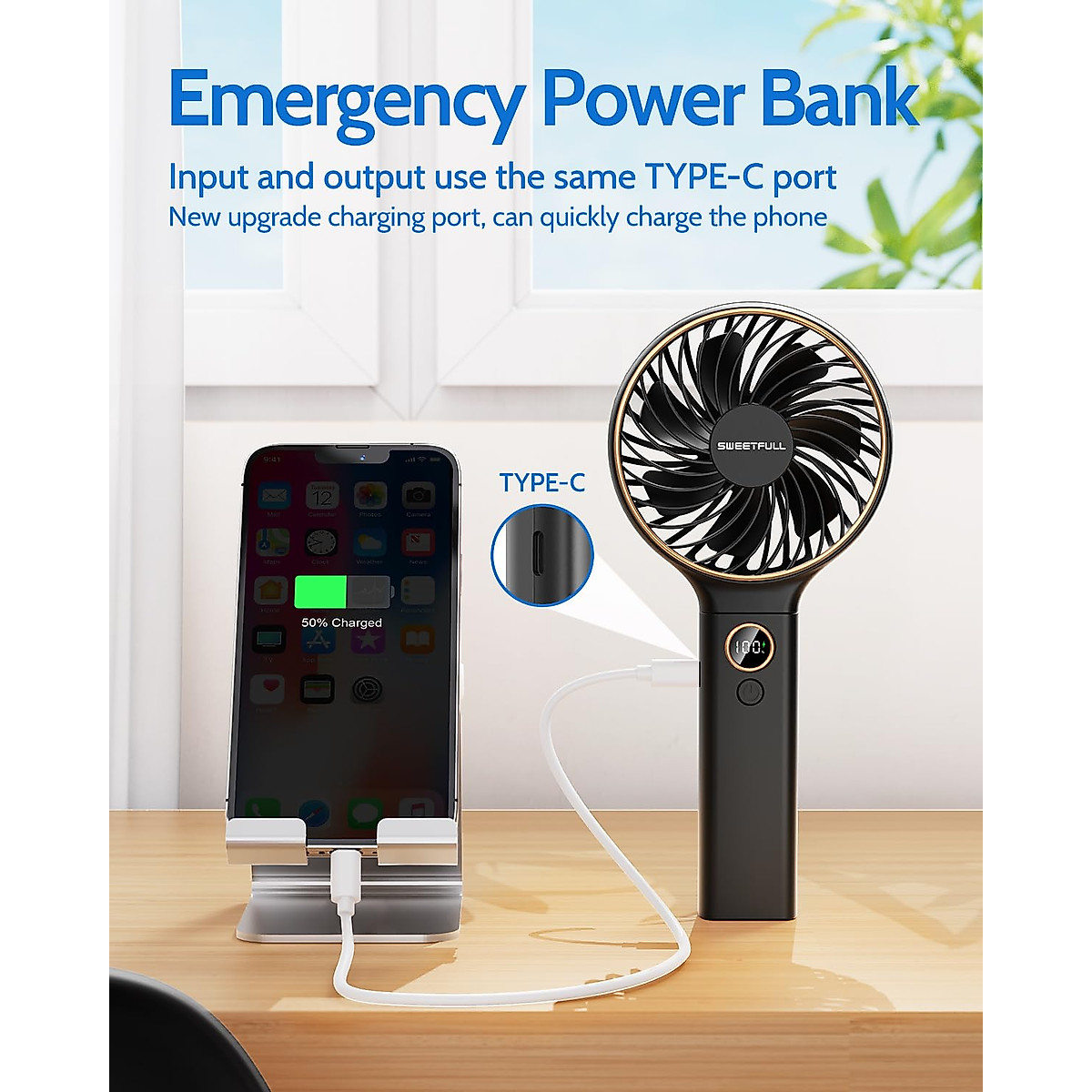 SWEETFULL Handheld Fan, Portable Fan, 5000mAh Rechargeable Battery, 6 Speed Wind, LED Display, Personal Mini Travel Fan with Backup Power, Hand Held Fan USB Foldable Electric Fan for Women Girl