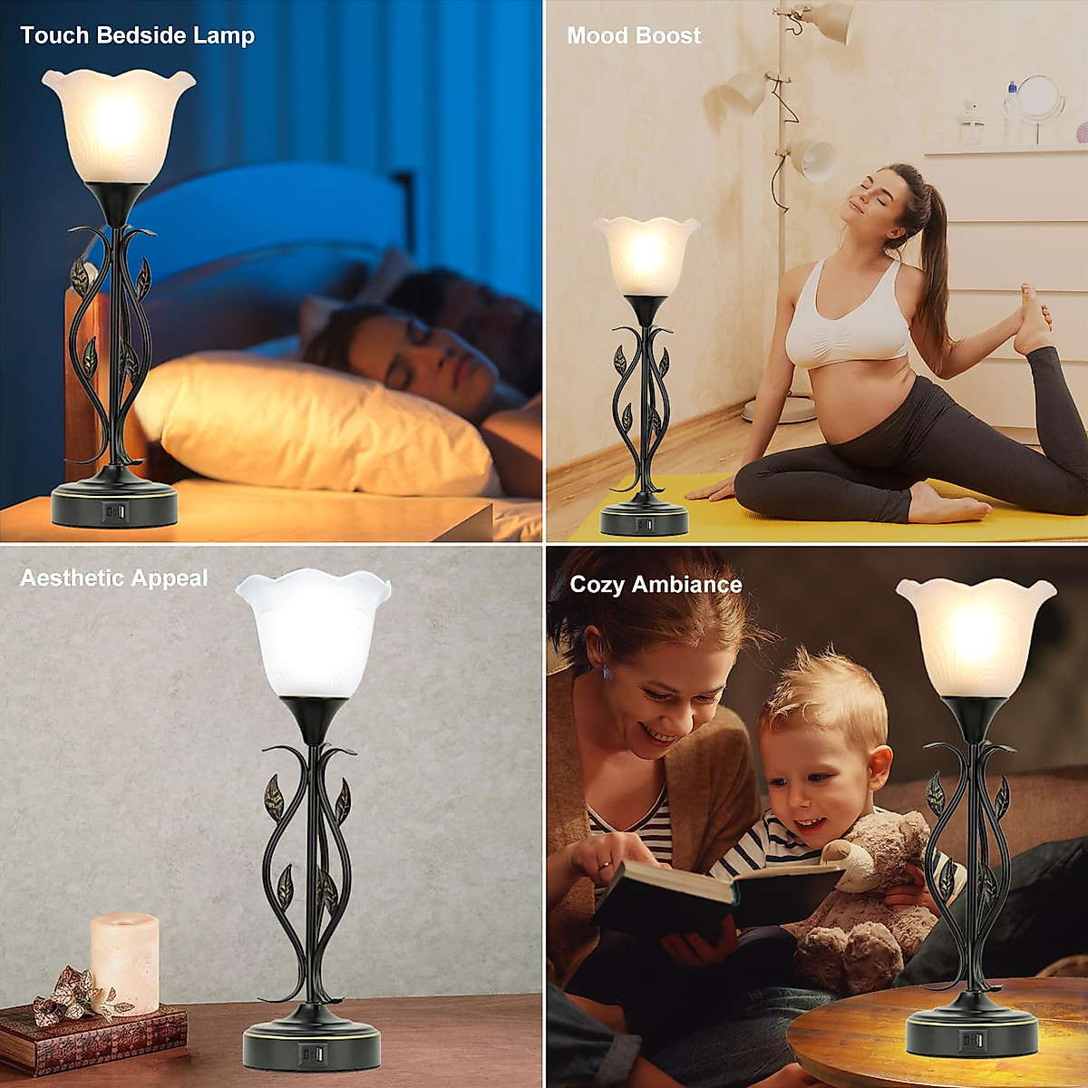 Bedside Lamps, Table Lamp with USB Port 3 Way Dimmable Touch lamp Torchiere Nightstand Lamps with Rustic Vines Leaf and Glass Flower Shade lamp for Bedroom, Living Room, Office
