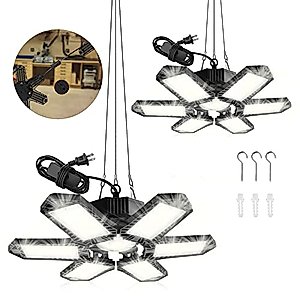 LED Garage Lights, 180W Linkable Shop Lights with Cord Plug in, 18000LM Super Bright Hanging Deformable Garage Ceiling Lighting 6500K Cold White with 6 +1 Adjustable Panel for Warehouse (180W 2PACK)