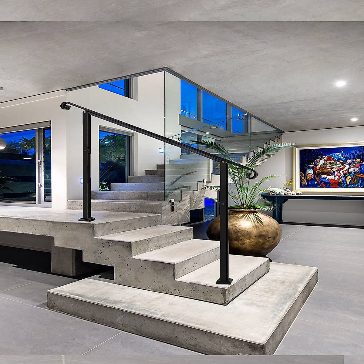 Metty Metal Outdoor Stair Railing, Black Handrails for Outdoor Steps 4 Step Handrail Fits