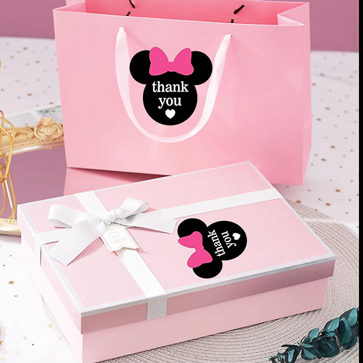 Pop Resin Mickey Minnie a Mouse Thank You Stickers 2.38 x 2 inch Mickey Ears Thank You Labels for Envelope Seals Birthday Baby Shower Party 200 Pack, Pink