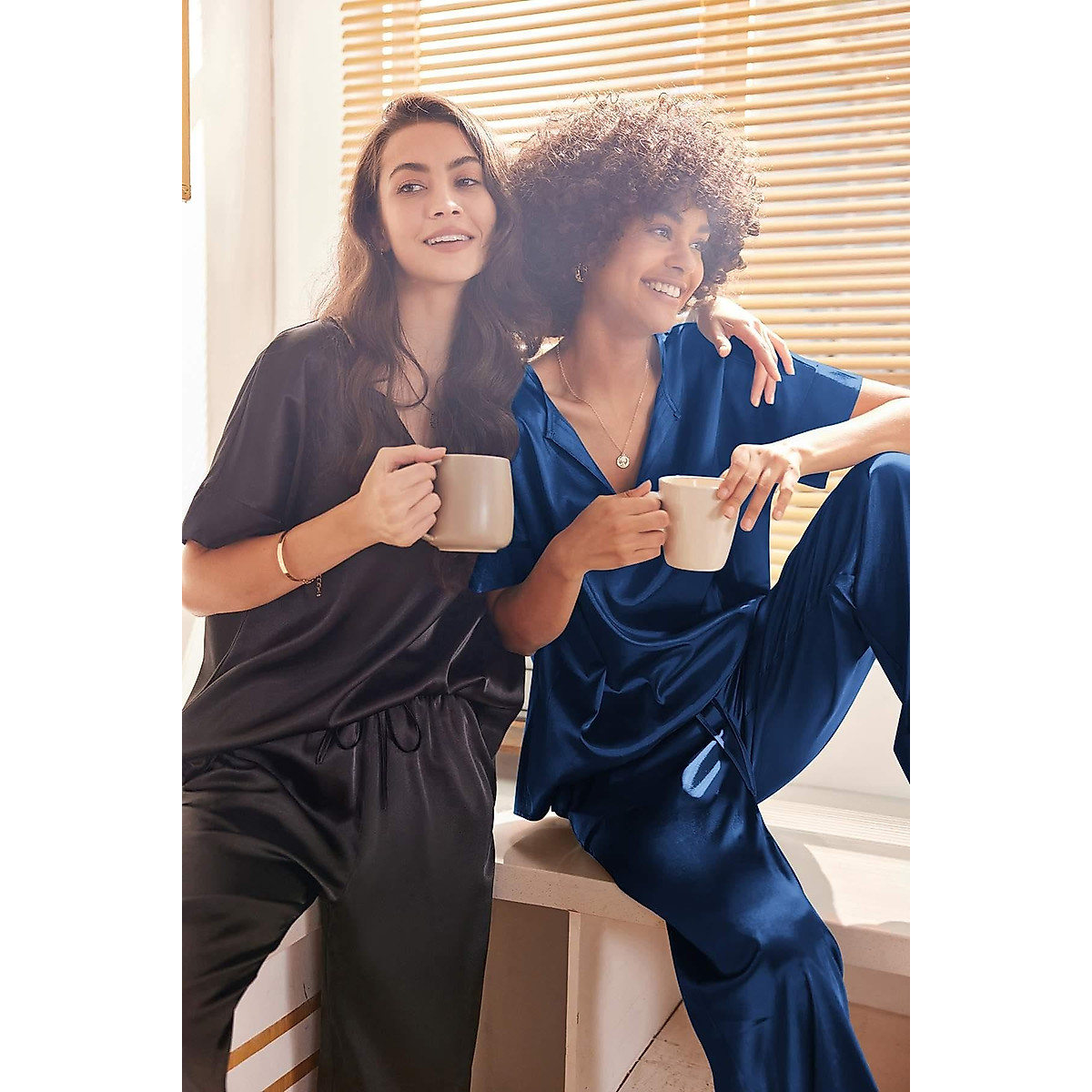 Ekouaer Satin Pajama Set Womens Silk Short Sleeve V Neck Shirt with Long Pant Soft Loungewear Pjs Set Navy Blue