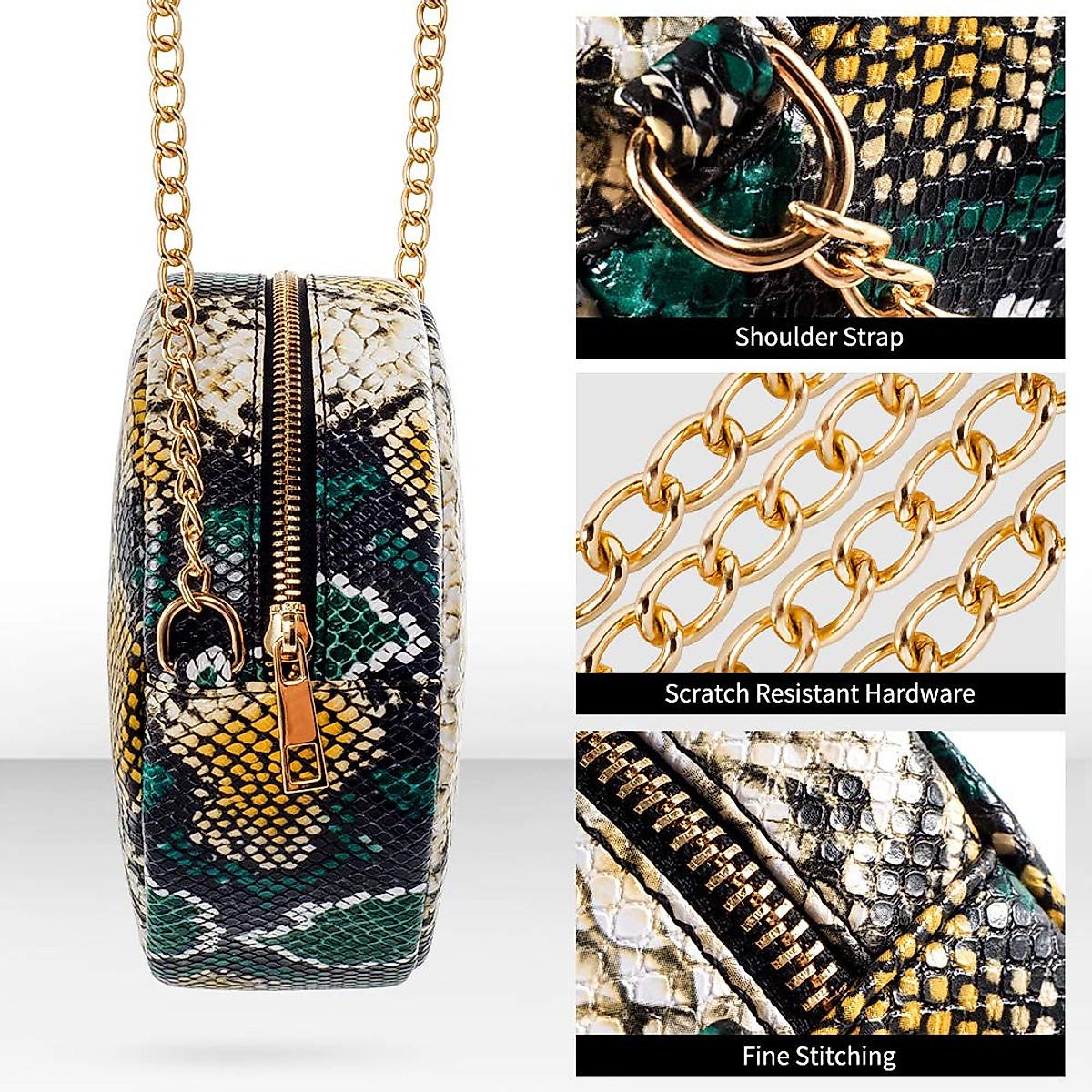 OLIVIABYKY Round Crossbody Bag Snakeskin Shoulder Bag with Chain Strap for Women,Fashion Circle Snakeskin Cellphone Purses Green Mini