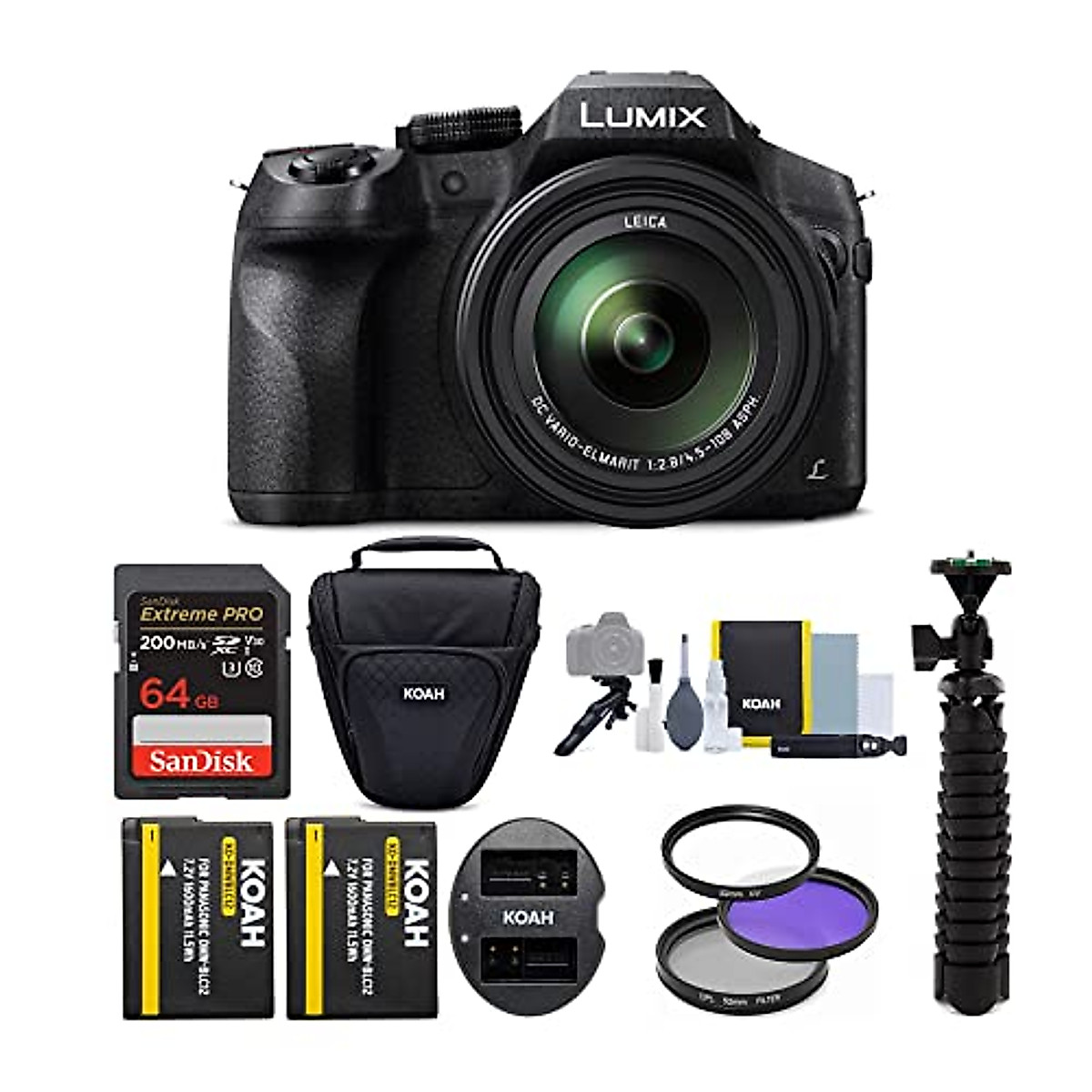 Panasonic DMC-FZ300K Digital Camera with Digital Slave Flash and 64GB Card Bundle