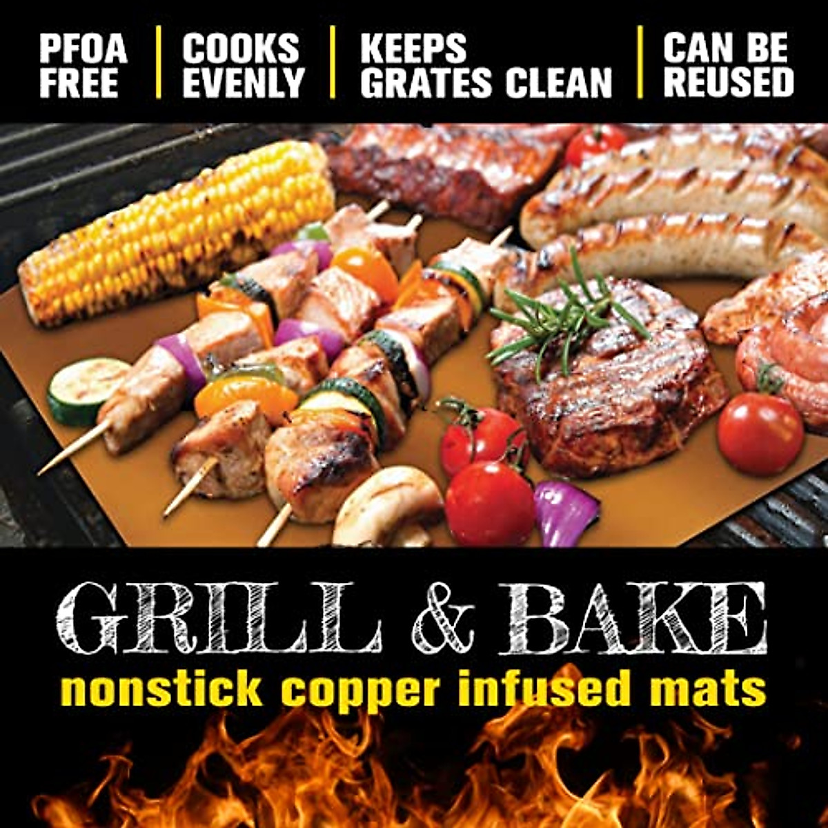 Gotham Steel Copper Grill Mats for Outdoor Grill Nonstick, Reusable BBQ Grill Mat and BBQ Mat for Grilling for Easy Cleanup, Food Safe and Easy to Use, Works on Coal and Gas Grill – 3 pack