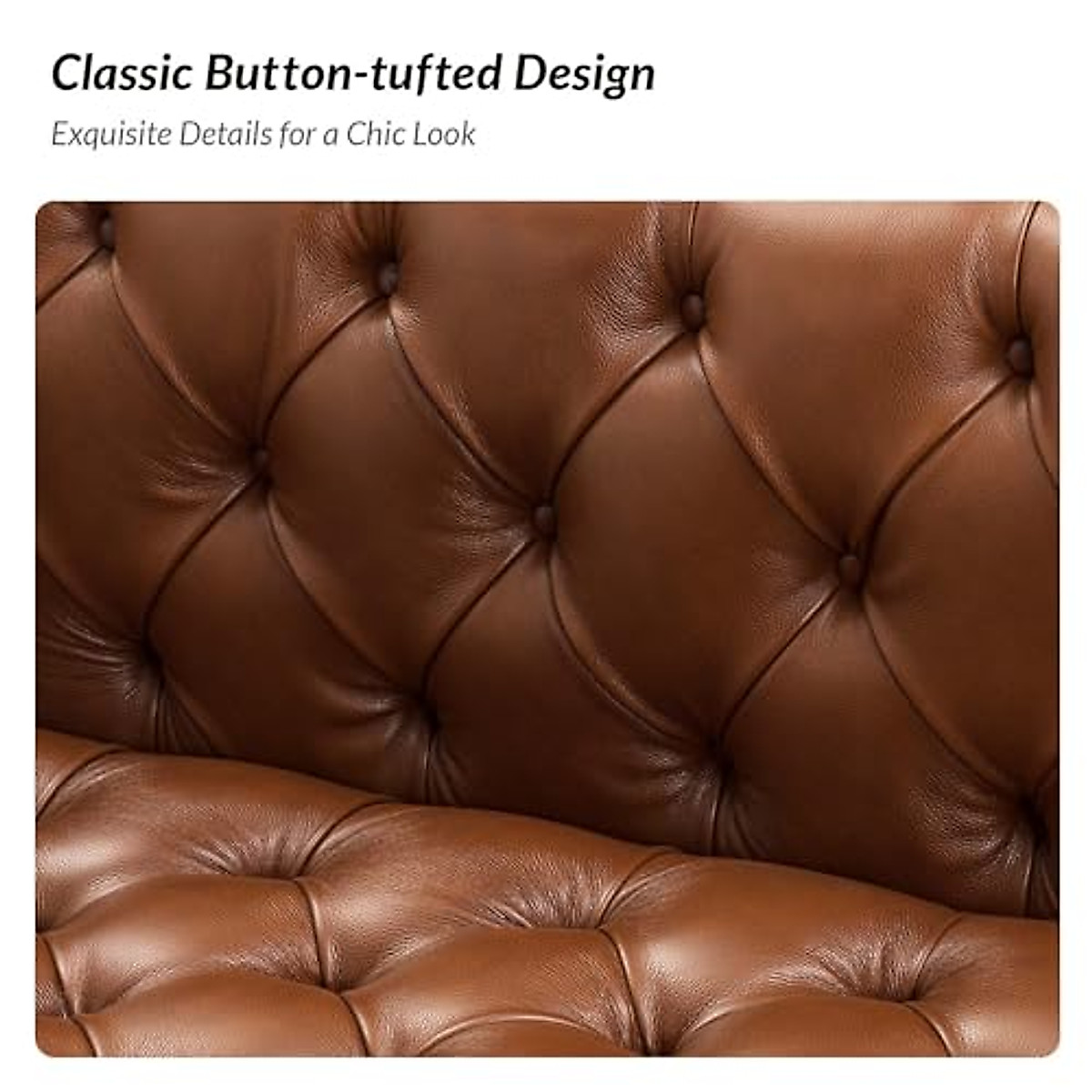 HULALA HOME 85" W Genuine Leather Sofa Couch with Metal Legs, Button-Tufted 3-Seater Sofa with Square Arms, Mid Century Modern Upholstered Couch for Living Room, Bedroom, Apartment, Brown