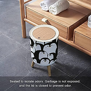 Trash Can with Lid Cute Animal with Penguin Black and White Color for Carpet Fabric and Press Cover Small Garbage Bin Round with Wooden Legs Waste Basket for Bathroom Kitchen Bedroom 7L/1.8 Gallon