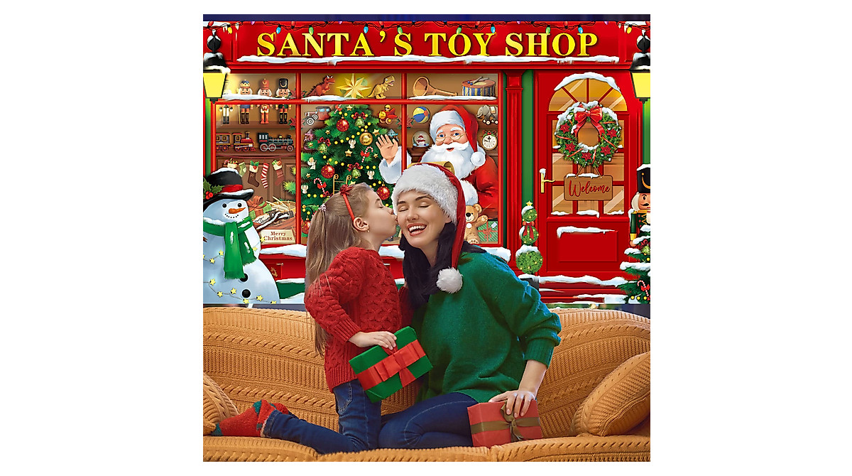 Christmas Backdrop Banner Santa's Toy Shop Holiday Photo Background