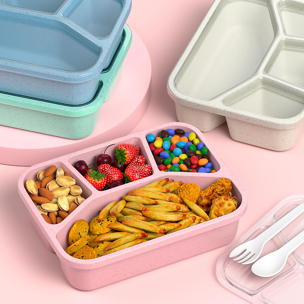 XGXN Bento Box Adult Lunch Box (4 Pack), 5-Compartment Meal Prep Container for Kids, Reusable Food Storage Containers with Transparent Lids, No BPA, Microwaveable (Wheat (Green/Blue/Pink/Beige))