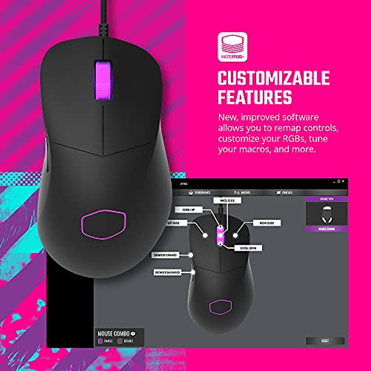Cooler Master MM730 Wire Gaming Mouse Black, Adjustable 16,000 DPI, Palm|Claw Grip, PixArt Optical Sensor, Ultraweave Cable, PTFE Feet, RGB Lighting (MM-730-KKOL1)