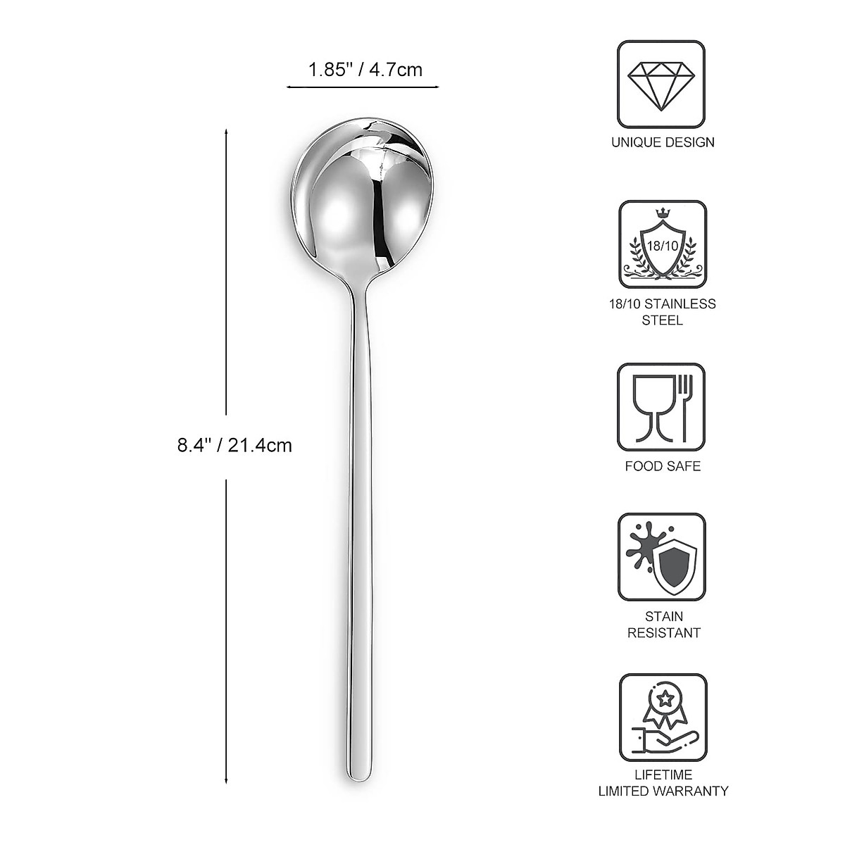 KEAWELL Premium Korean Soup Spoons with Long Handles, Set of 4, 18/10 Stainless Steel, Dishwasher Safe (Plain)