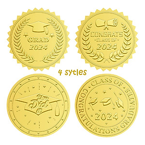 Lucleag 360 PCS Embossed Graduation Envelope Seals Stickers, 2024 Gold Foil Self Adhesive Graduation Diploma Grad Hat Sealing Stickers for Envelopes Candy Graduation Party Favor Decal, 1.5 inch