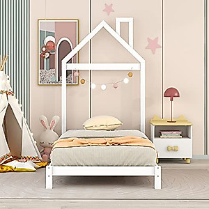 Twin Bed Frame/Kids Bed Frames with Headboard and Slats, Wood Platform Bed with House Shaped Headboard, Twin Size Bed for Kids, Boys, Girls, No Box Spring Needed(White)