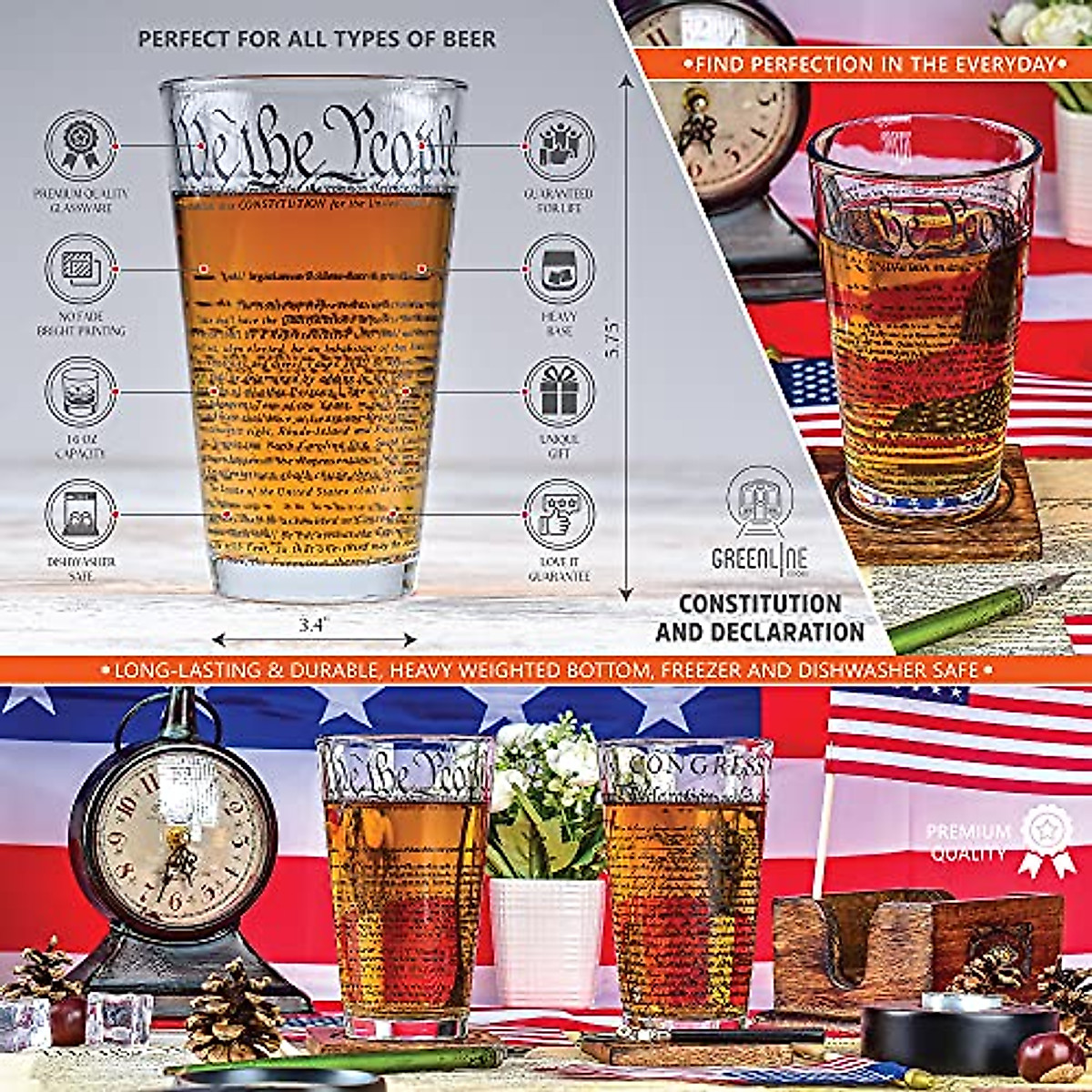 Greenline Goods – United States Constitution & Declaration of Independence Glasses (Set of 2) - 16 oz Drinking Glasses - American US Patriotic Gift Set We The People - Beer Glasses