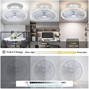 MADSHNE Low Profile Flush Mount Ceiling Fans with Lights and Remote,15'' Small Modern Enclosed Bladeless Ceiling Fans, Mini White LED Ceiling Lighting Fixture