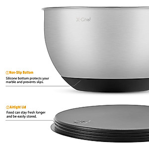 X-Chef Stainless Steel Bowls with Lids, Mixing Storage Bowl Set of 5 with Measurement, Stackable & Non-slip (1, 2, 2.5, 3.5, 4.5 QT)