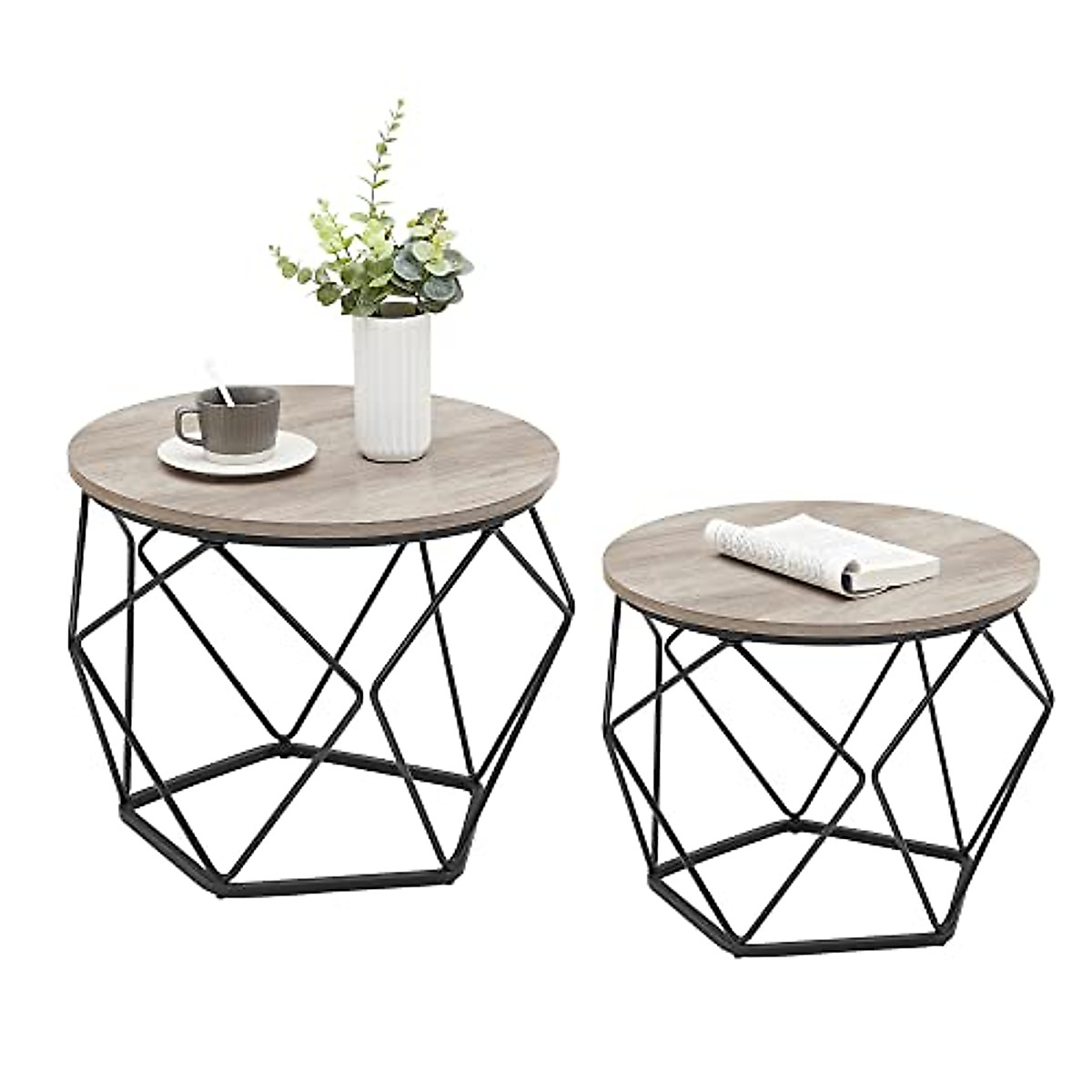 VASAGLE Small Coffee Table Set of 2, Round Coffee Table with Steel Frame, Side End Table for Living Room, Bedroom, Office, Greige and Black