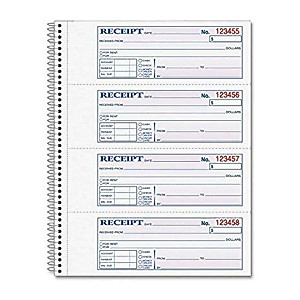 Adams Money and Rent Receipt Book, 2-Part Carbonless, 7-5/8" x 11", Spiral Bound, 200 Sets per Book, 4 Receipts per Page (SC1182)