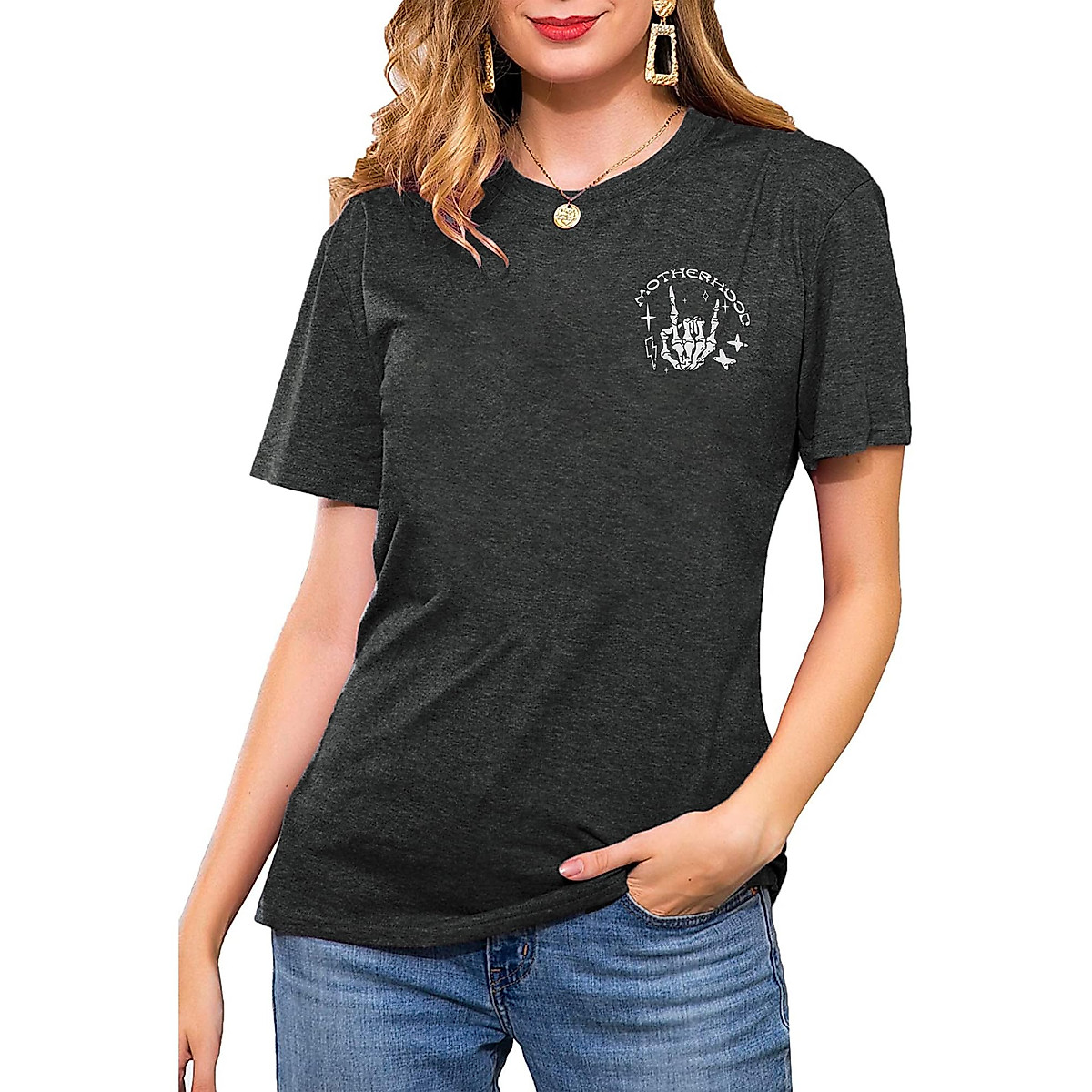 Motherhood Some Days I Rock It Shirt Women Vintage Graphic Rock TShirts Skeleton Hand Print Short Sleeve Tees Tops Dark Grey