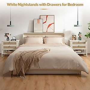 SICOTAS White Night Stand Set of 2, Large Nightstand with Drawers and Storage Shelf - Rattan Boho Bedside Table Narrow Side Table for Bedroom, Small Space