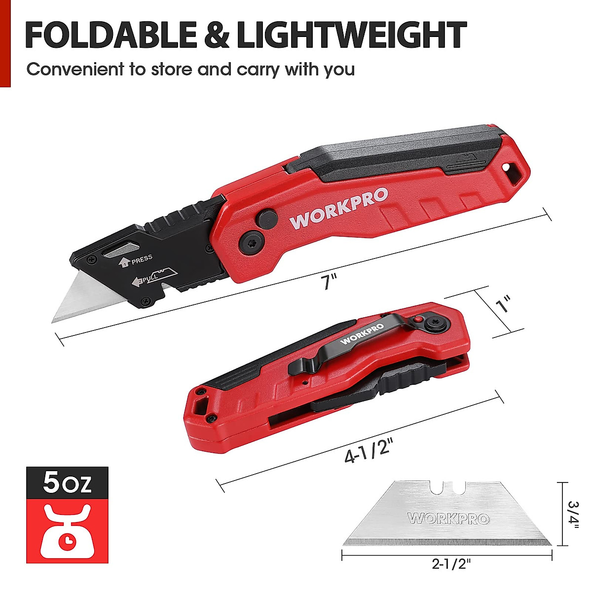 WORKPRO Blue Folding Utility Knife and Red Folding Utility Knife, 18 Extra Blades Included