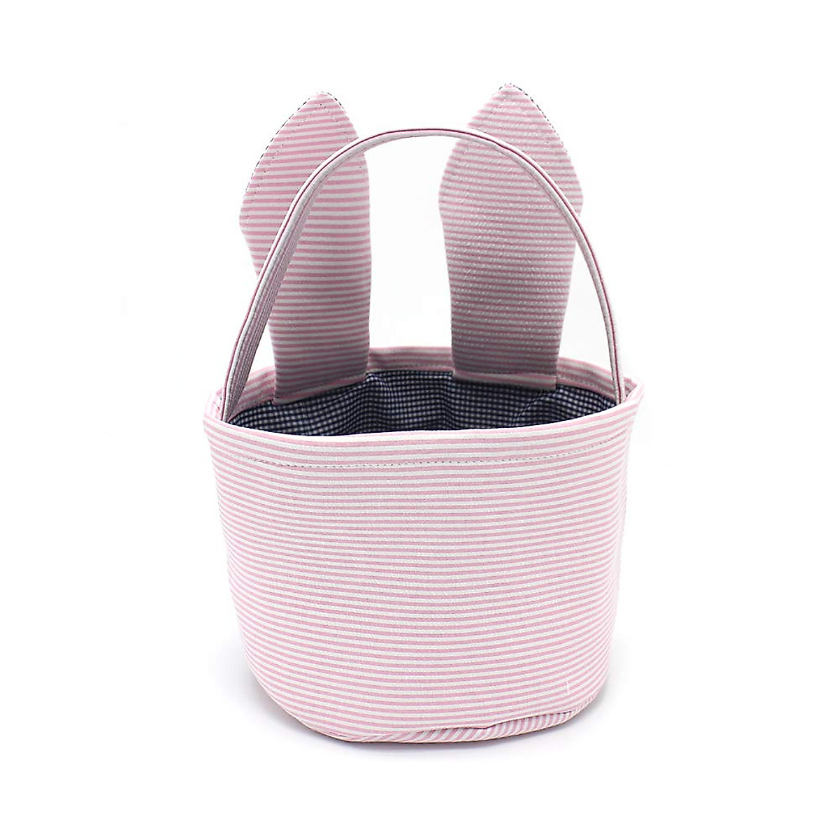 Easter Baskets Seersucker Easter Bunny Bag Bucket for Easter Egg Hunt Bunny Ears Design (Pink)