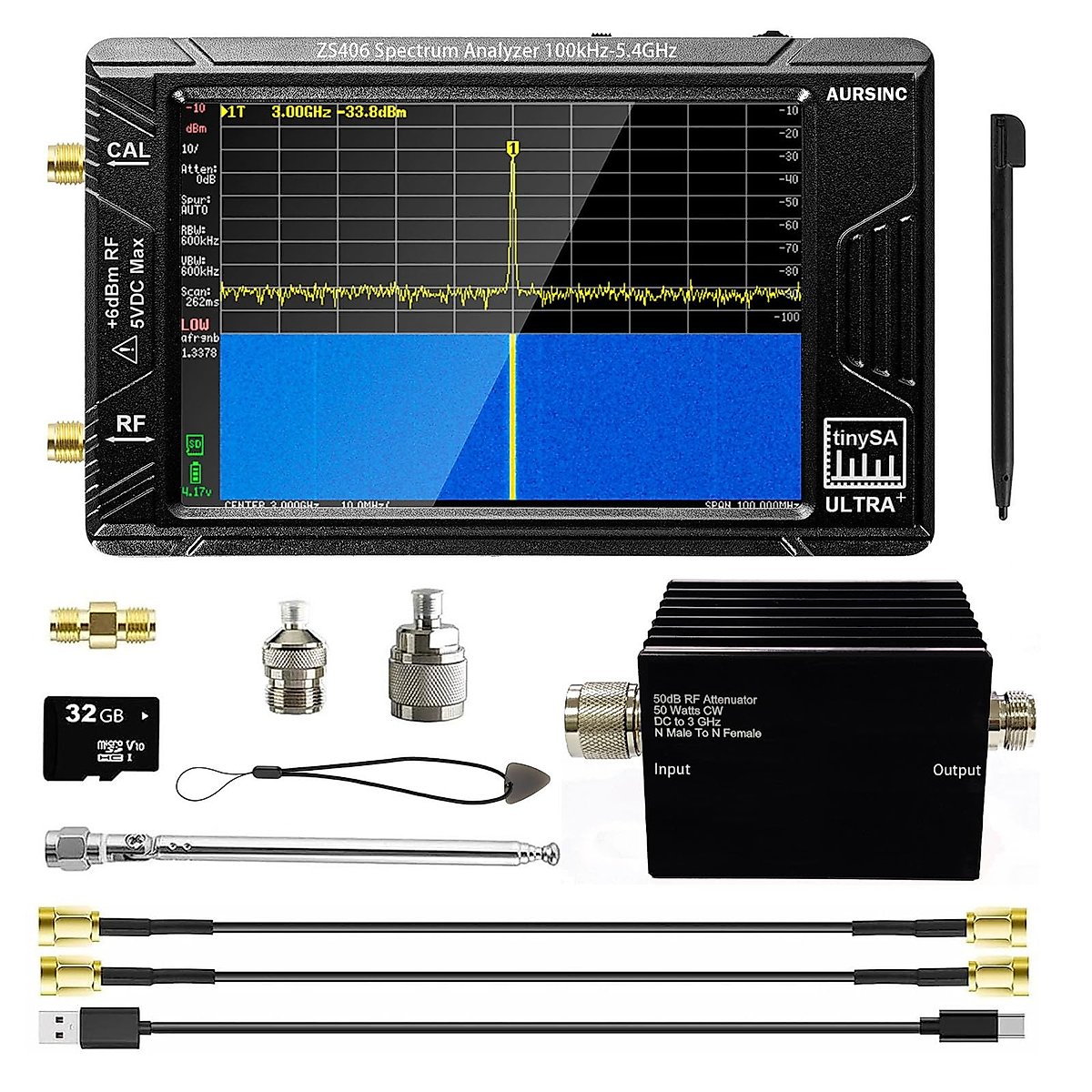 AURSINC TinySA Ultra+ ZS406 Spectrum Analyzer with 50W Attenuator, 2025 4inch 100kHz-5.4GHz V0.4.6 Portable Frequency Analyzer with 32Gb Card,2in1 Signal Generator 100kHz to 900MHz MF/HF/VHF UHF Input