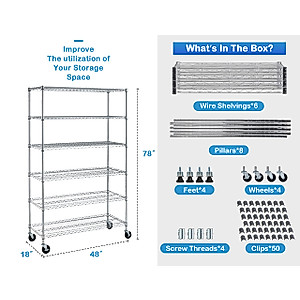 6000Lbs Capacity Metal Shelving Unit 6 Tier Adjustable Shelves for Storage Heavy Duty Commercial Grade Wire Shelf with Wheels & Feet 48" ×18" ×78" Storage Rack for Warehouse Garage Pantry Basement