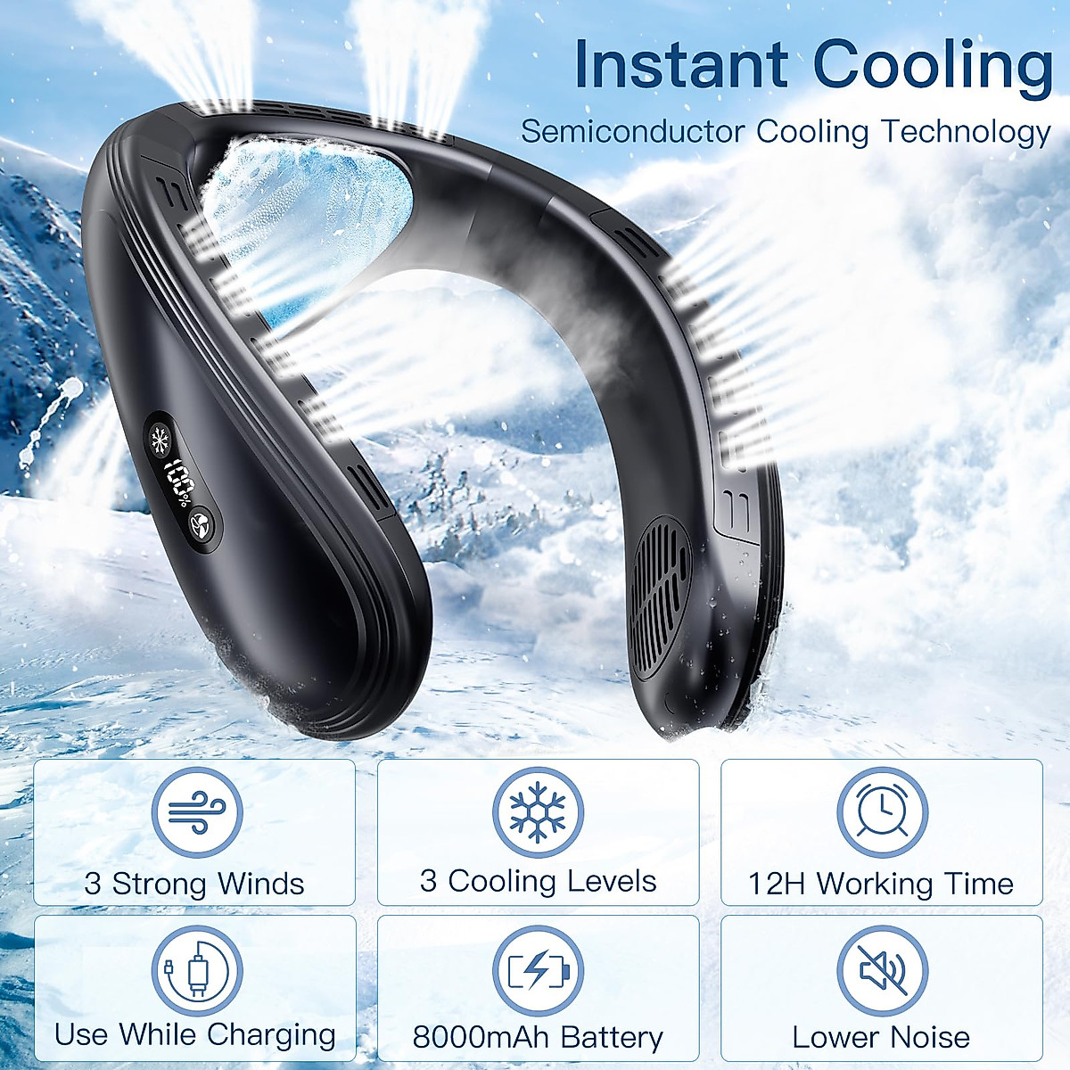 Neck Air Conditioner, Full-body Cooling Neck Fan, 8000mAh Rechargeable Wearable AC Air Conditioner with Large Cooling Plate, 3 Speeds Portable Personal Instant Neck Fan Cooler (Dark Night Black)