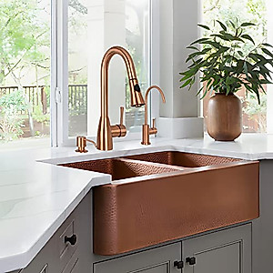 Akicon Copper Soap Dispenser for Kitchen Sink, Brass Body Refill from Top, Built in Design with Large Liquid Soap 17 OZ Bottle, Countertop Soap Dispenser (Copper, Modern)