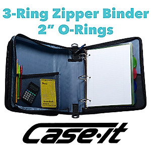 Case-it The Universal Zipper Binder - 2 Inch O-Rings - Padded Pocket that holds up to 13 Inch Laptop/Tablet - Multiple Pockets - 400 Page Capacity - Comes with Shoulder Strap - Red LT-007